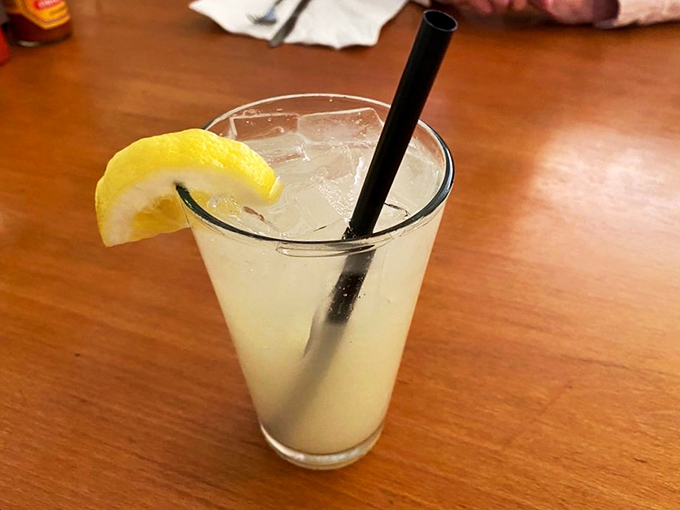 A glass of fresh lemonade&mdash;the perfect palate cleanser between bites of comfort food heaven. 