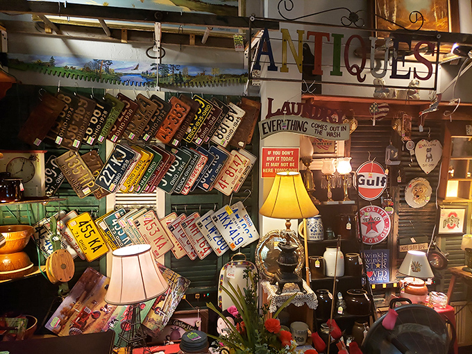 License plates from across America create a colorful mosaic of road trips past, while vintage lamps cast a golden glow on treasures waiting to be discovered.