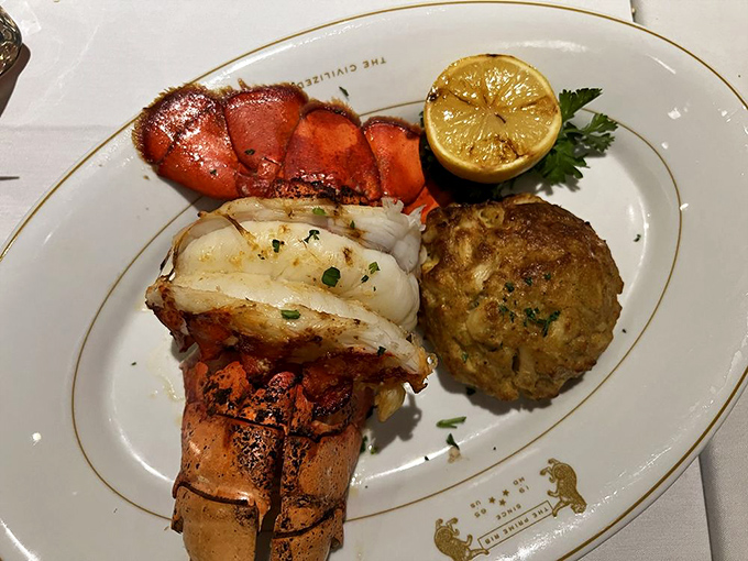 Land meets sea in perfect harmony&mdash;succulent lobster tail alongside a Maryland crab cake with barely enough filler to hold it together.