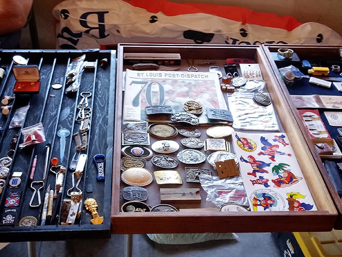 A collector's dream display case&mdash;where vintage pins, badges, and memorabilia tell stories of places visited and allegiances declared decades ago.