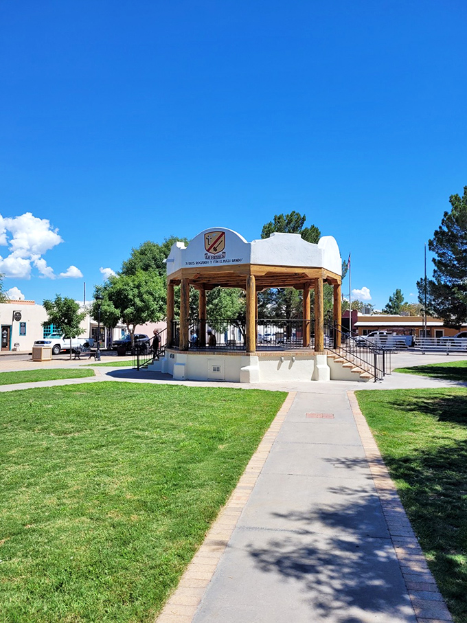 The plaza's gazebo stands like a wedding cake in the desert, hosting everything from mariachi bands to political speeches since territorial days.
