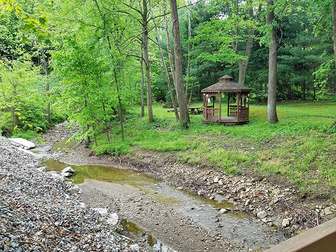 The gazebo by the stream offers a meditation spot where the only notification you'll receive is from Mother Nature herself.