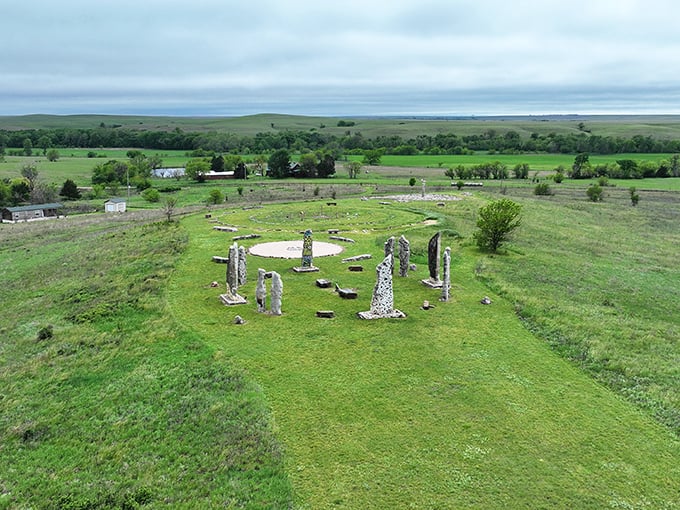 Stone sentinels rising from the grassland like nature's art installation. Stonehenge's distant prairie cousin, perhaps?