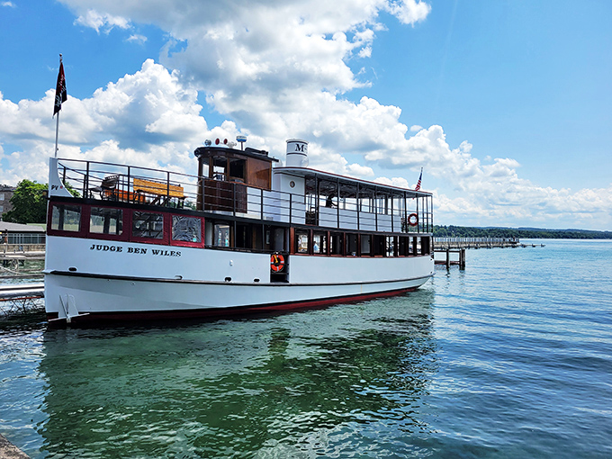 The Judge Ben Wiles tour boat awaits passengers for dining cruises across Skaneateles Lake&mdash;floating feasts with panoramic views that beat any restaurant window seat.
