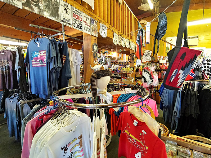 The t-shirt selection ranges from patriotic to quirky, a cotton time capsule of graphic design trends spanning several decades of roadside Americana.