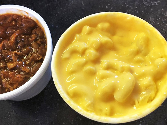 Mac and cheese that achieves that perfect molten consistency alongside baked beans with bits of meat that tell you they're serious about every dish.