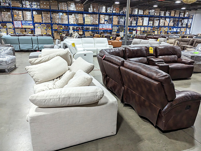 Sofa safari success! This leather and fabric jungle offers comfortable seating options that won't require a second mortgage or selling a kidney.