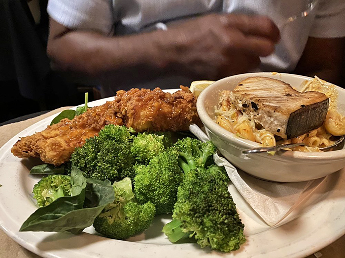 Fried seafood meets vibrant greens and perfectly cooked vegetables &ndash; the plate that proves healthy-ish and indulgent aren't mutually exclusive concepts.