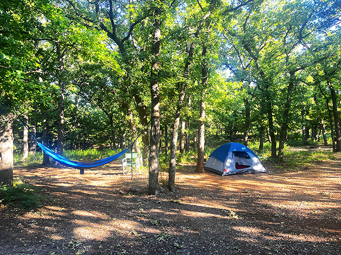 Glamping goals achieved! A perfect tent setup with hammock companion&mdash;because sometimes the best hotel room has no walls at all.