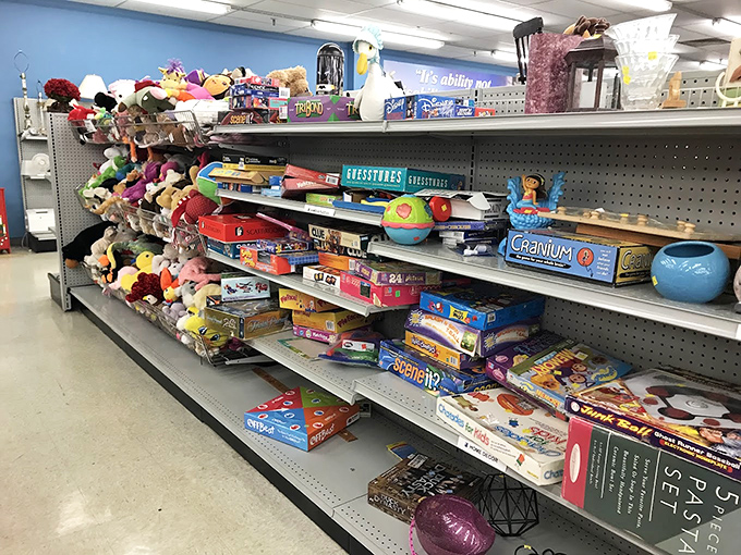 Board games that taught generations to be good sports sitting alongside plush pals waiting for their forever homes&mdash;childhood nostalgia by the pound.