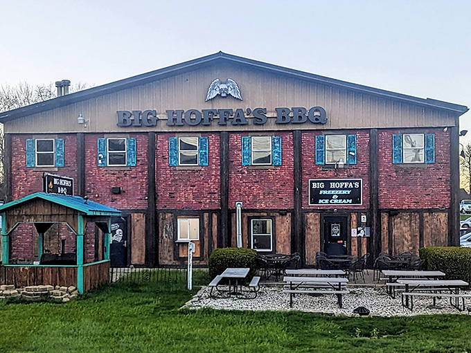 Big Hoffa's rustic brick exterior feels like walking into a delicious pirate-themed barbecue treasure hunt.