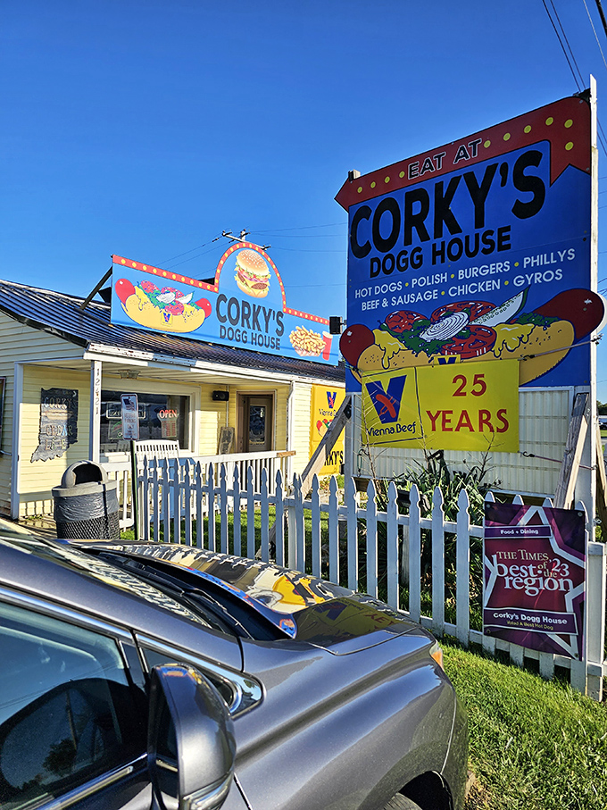 Corky's colorful signage is as cheerful as their hot dogs are delicious. Twenty-five years of serving smiles on buns!