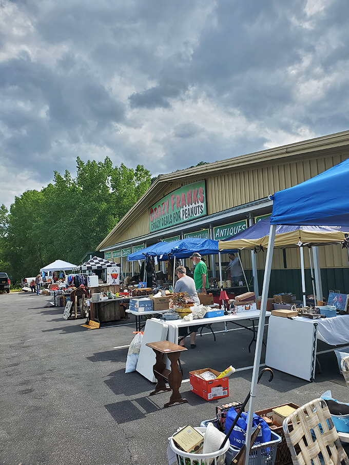 Outside Crazy Frank's Readstown location, vendors create an impromptu village of values under blue canopies.