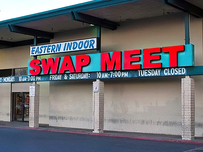 The Eastern Indoor Swapmeet announces itself in can't-miss-it red, promising air-conditioned deal-hunting.