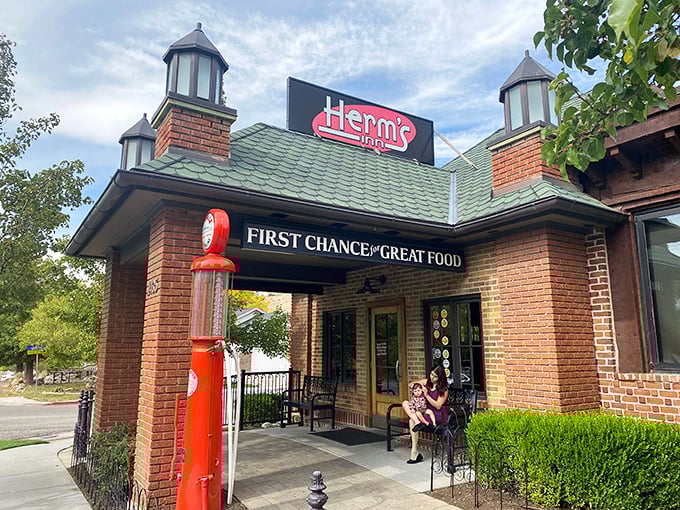 Herm's Inn: That vintage gas pump isn't pumping fuel anymore &ndash; now it's just a charming sentinel guarding Logan's breakfast treasure.