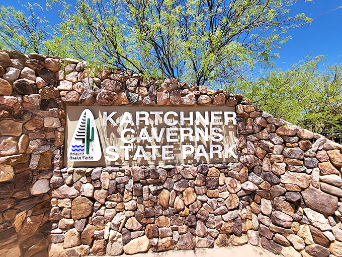 Kartchner Caverns' stone entrance sign hints at the underground wonderland waiting to be explored.