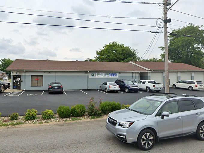 New Life Thrift's unassuming exterior gives no hint of the fashion finds displayed in its welcoming storefront windows.