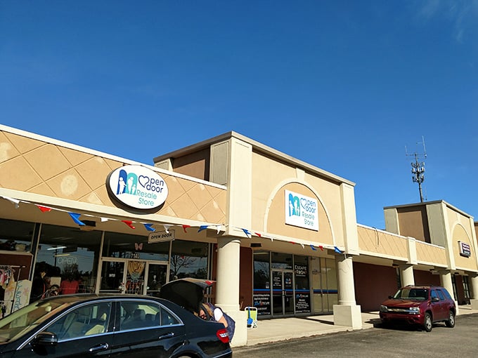 Open Door's cheerful exterior with colorful bunting feels like it's celebrating your arrival to bargain paradise.