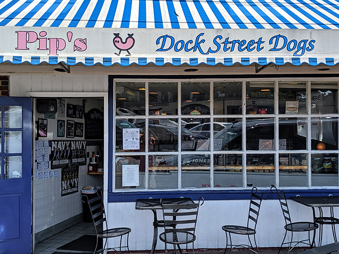 Pip's nautical blue and white awning looks like it belongs on a fancy yacht—serving dock-fresh dogs with a sea breeze.
