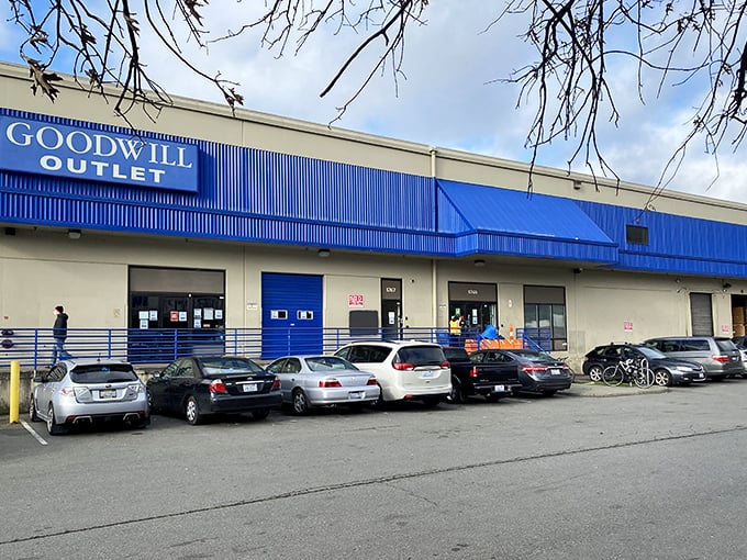 Goodwill Outlet: where thrifting becomes an Olympic sport and determined shoppers line up for the ultimate bargain adventure.