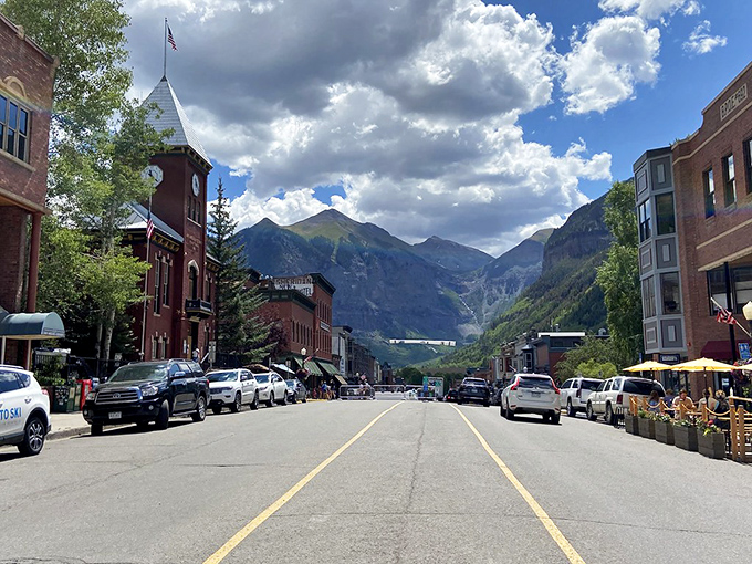 Telluride's colorful storefronts pop against impossibly blue skies. The end of the road never looked so inviting! 