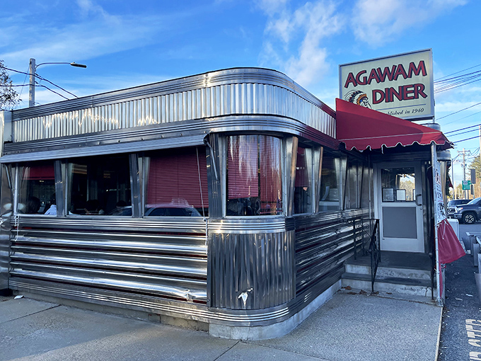 Agawam's gleaming stainless steel exterior reflects both sunlight and the diner's shining reputation for breakfast excellence.