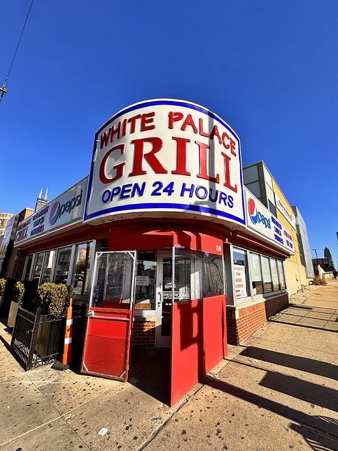 White Palace Grill's bold signage announces "OPEN 24 HOURS" like a breakfast bat signal for night owls.