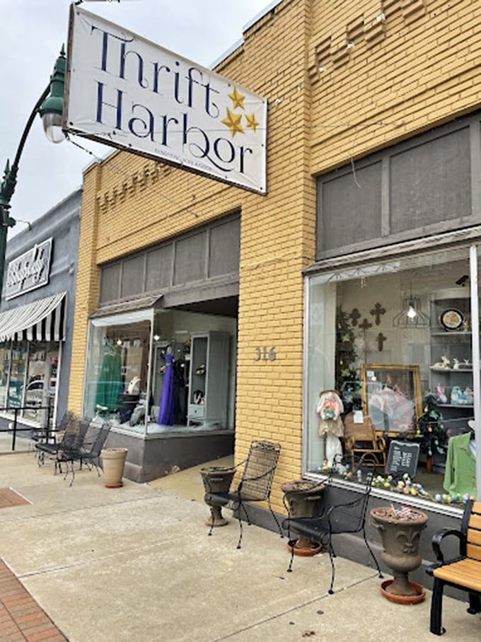 Thrift Harbor's charming yellow brick facade feels like it belongs in a storybook where the happy ending is always an amazing find.