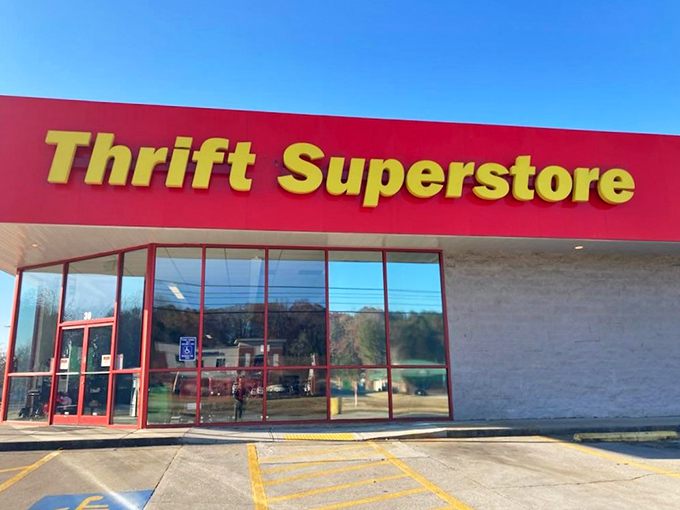 The Thrift Superstore's bold red and yellow combo screams "bargains inside!" like a carnival barker for the budget-conscious.