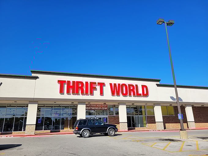 Thrift World's bold red letters promise a universe of discoveries inside. Like an explorer of retail galaxies, you'll find treasures in every department.