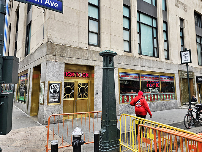 Tick Tock Diner's golden doors and art deco details make it look like the entrance to a breakfast speakeasy.