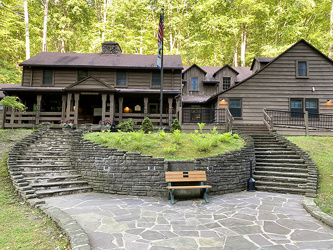 Watoga's lakeside picnic area—where sandwiches taste better and conversations flow easier under towering pines.