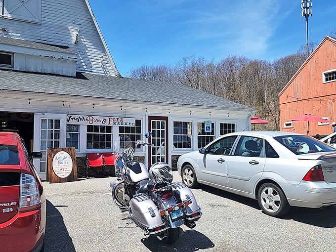 Wright's charming white barn could star in a Norman Rockwell painting, but inside it's all about treasure hunting, not hay baling.