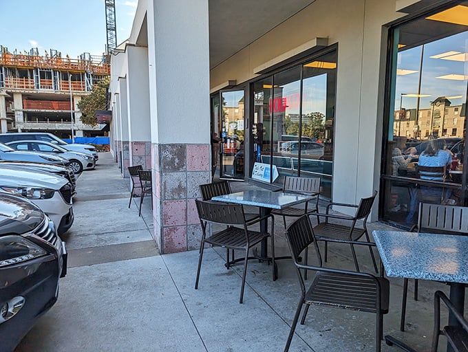 Under those puffy Texas clouds, Avalon Diner stands ready to serve pancakes almost as fluffy as the sky above.