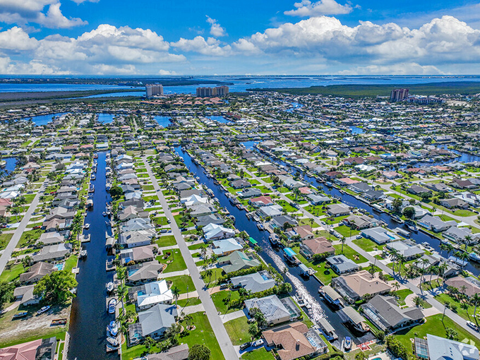 The aerial view of Cape Coral's canals shows why boat owners flock here &ndash; a watery neighborhood where your backyard is also your marina.
