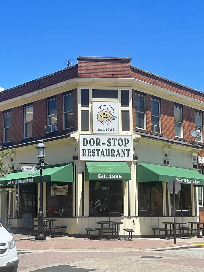 Those green awnings and outdoor tables aren't just charming&mdash;they're front-row seats to Dor-Stop's breakfast theater, where potato pancakes get standing ovations.