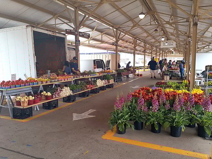 Flowers and vegetables stand at attention under the market's protective canopy. Shopping here beats scrolling through grocery delivery apps any day!