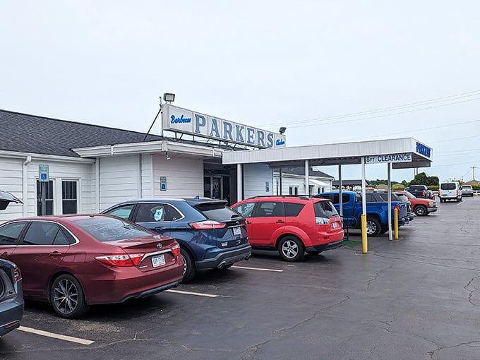 That "8 foot clearance" sign at Parker's isn't just practical&mdash;it's making sure even the tallest trucks can reach barbecue nirvana.