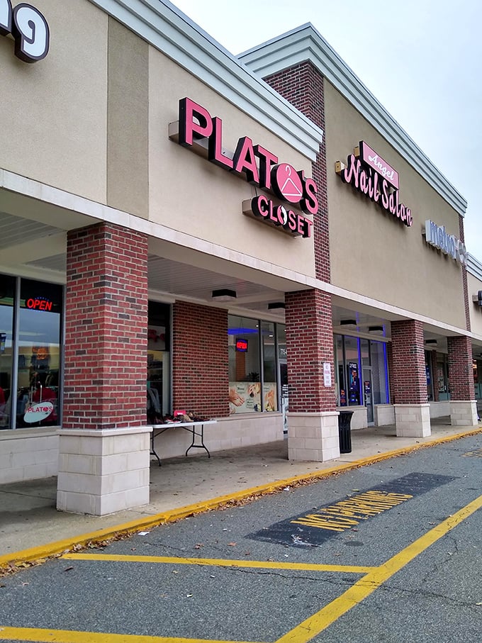 Plato might have contemplated the ideal form, but this closet bearing his name contemplates ideal affordable fashion. The brick columns add a touch of campus cool.