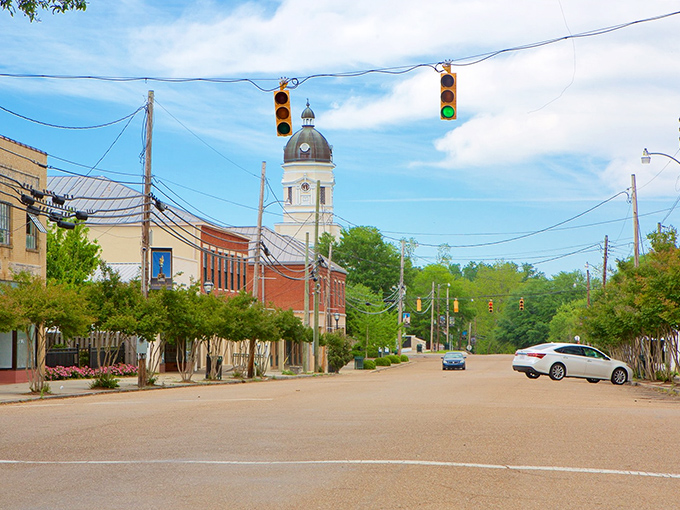 That classic small-town water tower watches over Port Gibson's main street like a sentinel of simpler times.