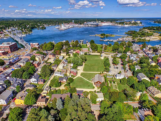 This aerial view of Portsmouth reveals a coastal gem where colonial architecture and vibrant waterfront coexist in photogenic harmony.