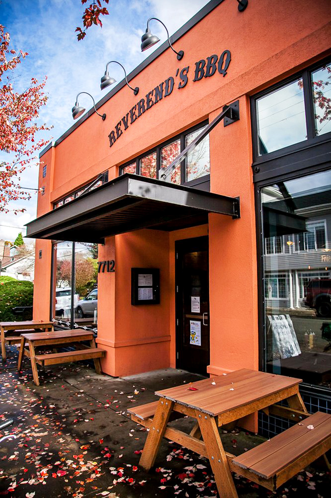 Reverend's BBQ - Fall leaves, picnic tables, and an outdoor setup that says "BBQ sanctuary." Can I get an amen?