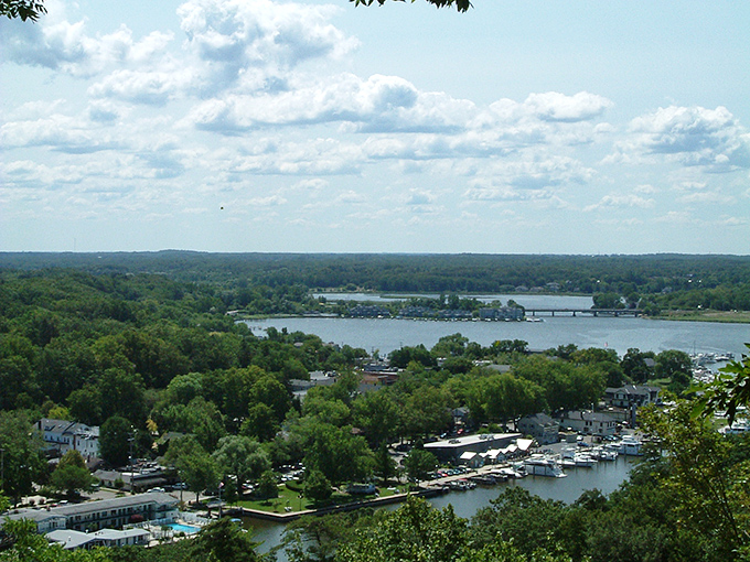From this vantage point, Saugatuck's riverside beauty spreads beneath you—worth every step of the climb to see it.