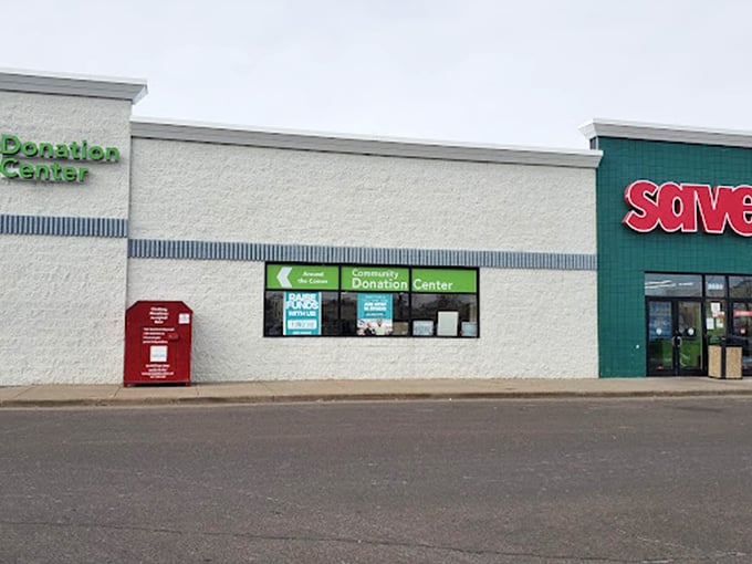 The donation center entrance stands ready to transform your castoffs into someone else's perfect find. 