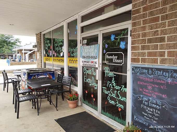 Handpainted windows and sidewalk seating invite you to slow down at Sunday Diner. The front door might as well say "Welcome Home."