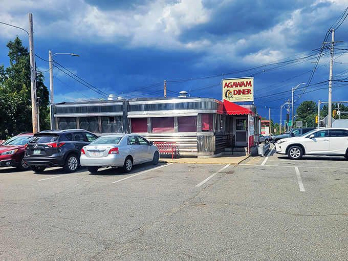 Classic American diner perfection! The Agawam's silver-and-red aesthetic promises the authentic experience before you even taste the food.
