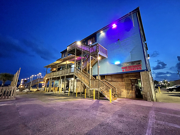 Wrought iron balconies and classic architecture at The Reef - where history and fresh catches meet for dinner. 