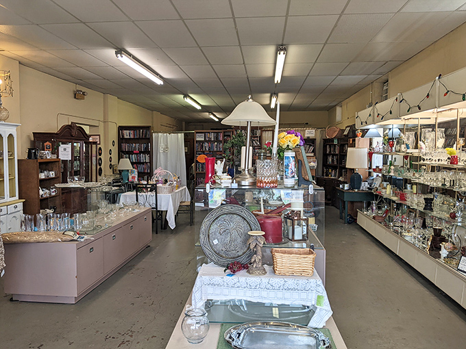 Light pours through the windows illuminating a carefully arranged wonderland of glassware and collectibles. I spy my grandmother's candy dish!
