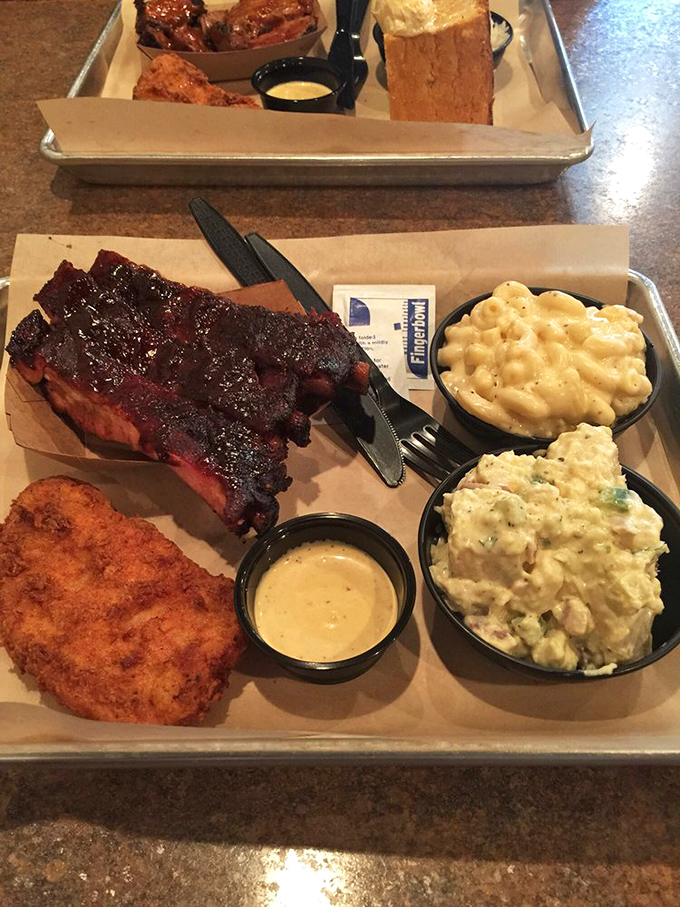 Two-meat combos: for when you're hungry but not ready to admit you want three meats. That cornbread is the unsung hero here.