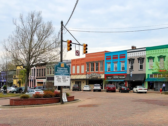 Downtown Abbeville's colorful storefronts create a retail rainbow that makes big-box stores feel as soulless as airport terminals.